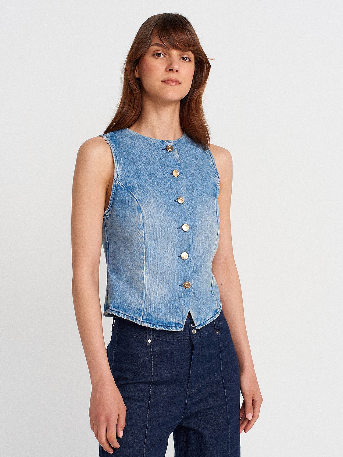 50754 Sıfır Yaka Denim Yelek-Tint | YELEK | Dilvin