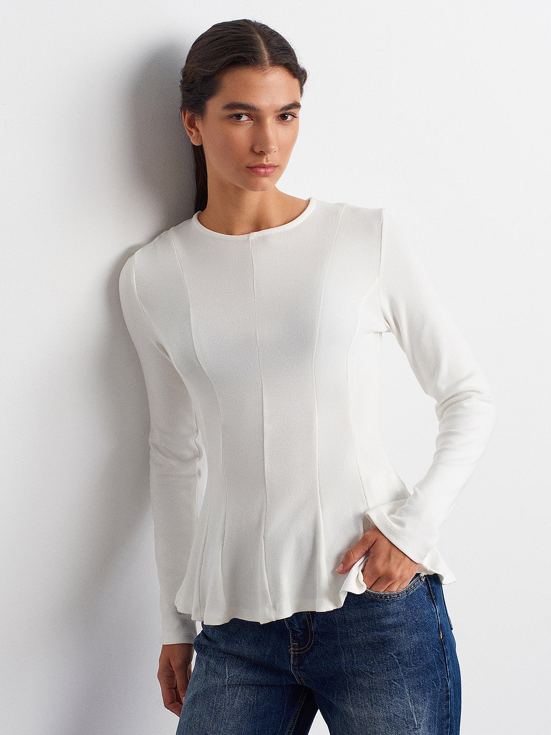 32090 Uzun Kollu Peplum Top-Ekru | BLUZ | Dilvin